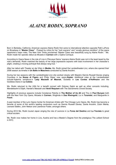 ALAINE RODIN, SOPRANO - MIA Artists