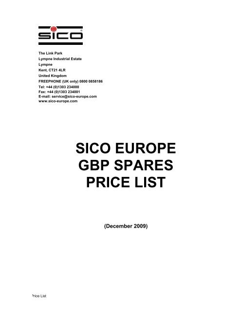 sico europe gbp spares price list