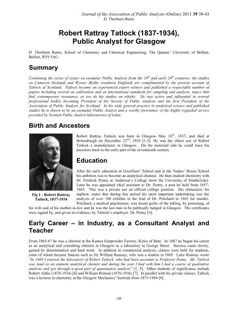 Robert Rattray Tatlock (1837-1934), Public Analyst for Glasgow