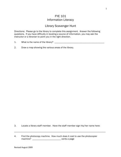 FYE 101 Information Literacy Library Scavenger Hunt - Sullivan ...
