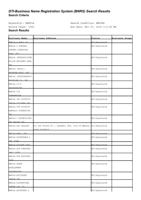 DTI-Business Name Registration System (BNRS) Search Results