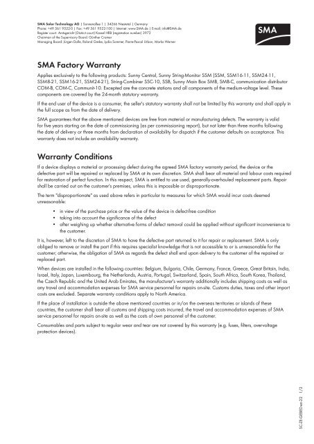 SMA Factory Warranty - Sunny Central - SMA Solar Technology AG