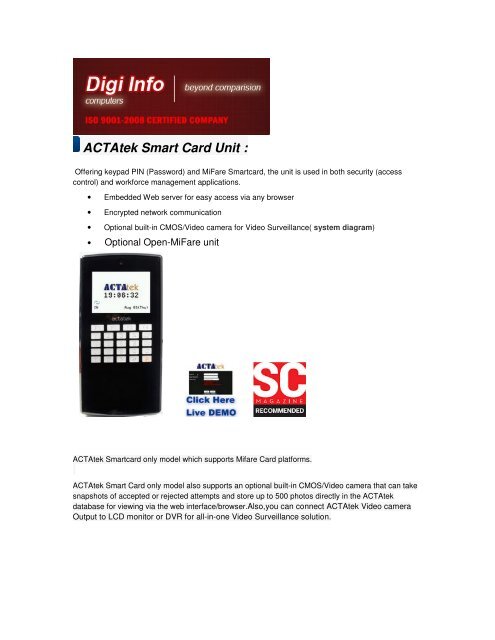 ACTAtek Smart Card Unit : - Biometric Access control Dubai UAE