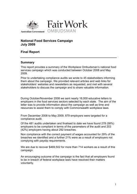 NATIONAL FOOD SERVICES CAMPAIGN - Fair Work Ombudsman