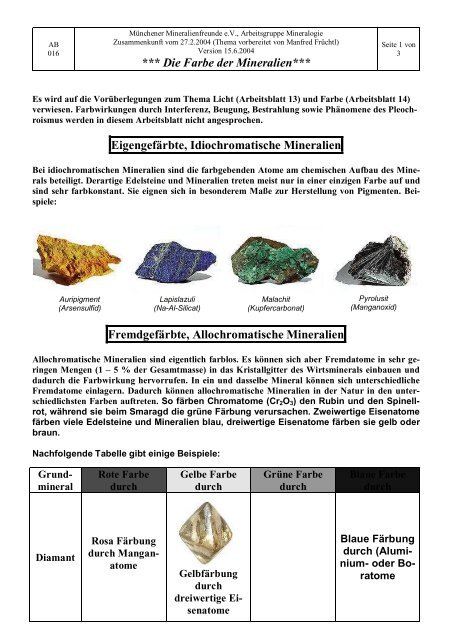 Farbe der Mineralien - Münchener Mineralienfreunde eV