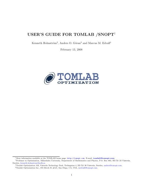 User's Guide for TOMLAB /SNOPT - Tomlab Optimization