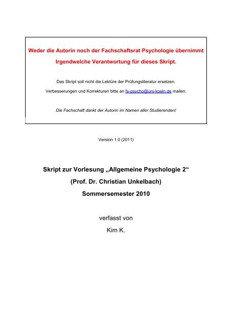 „Allgemeine Psychologie 2“ (Prof. Dr. Christian Unkelbach)