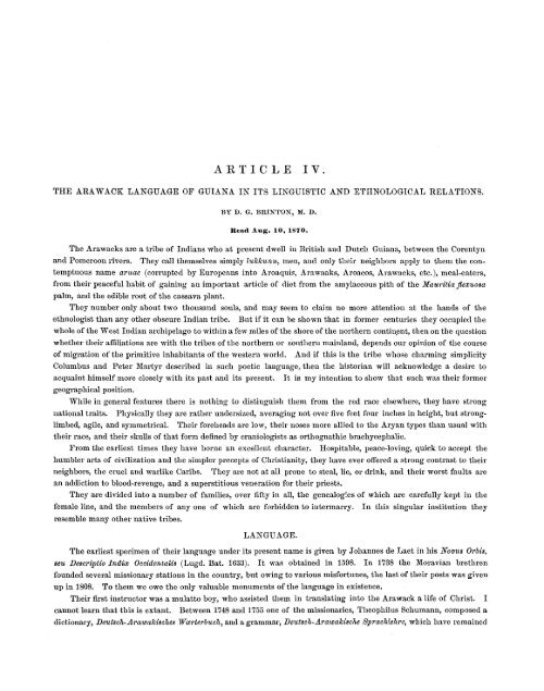 The Arawak Language of Guiana in its Linguistic and Ethnological Relations