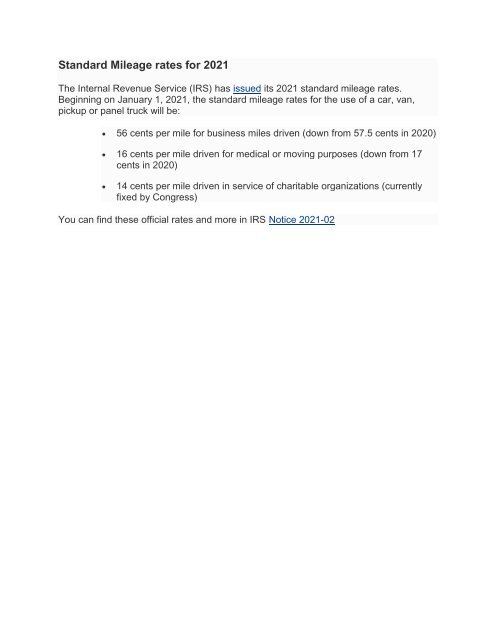 Standard Mileage rates for 2021