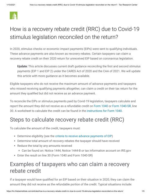 How is a recovery rebate credit (RRC) on your 2020 taxes