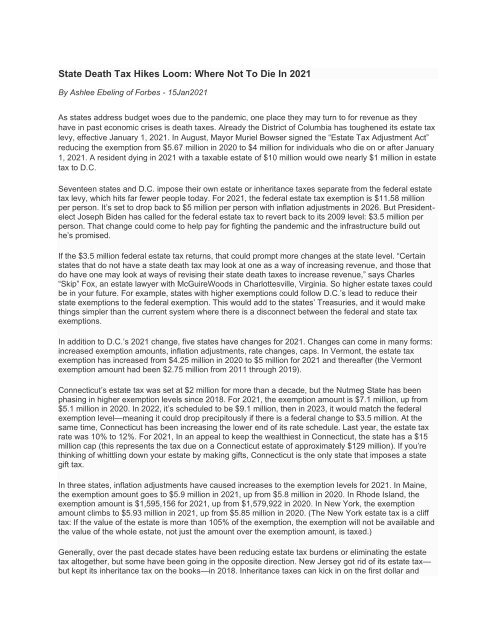 State Death Tax Hikes Loom