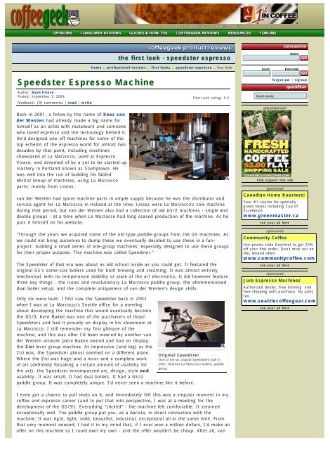 CoffeeGeek - Speedster Espresso Machine - Kees van der Westen