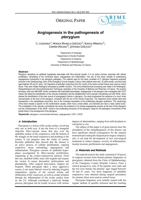 Angiogenesis in the pathogenesis of pterygium - RJME - Romanian ...