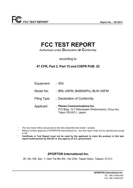 FCC TEST REPORT - Planex