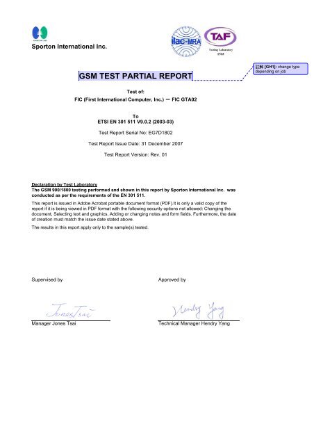 GSM TEST PARTIAL REPORT