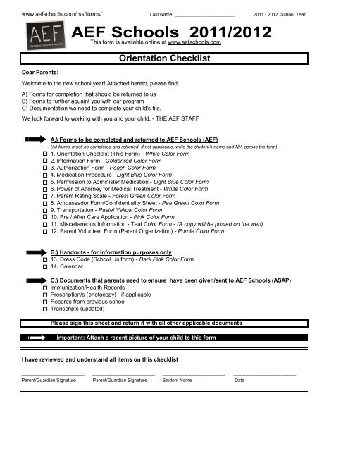 Orientation Checklist - AEF Schools