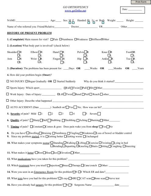New Patient or New Problem History Form - Go Orthopedics