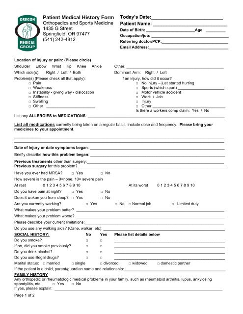 Orthopedic Initial Evaluation Form - Robb Larsen MD