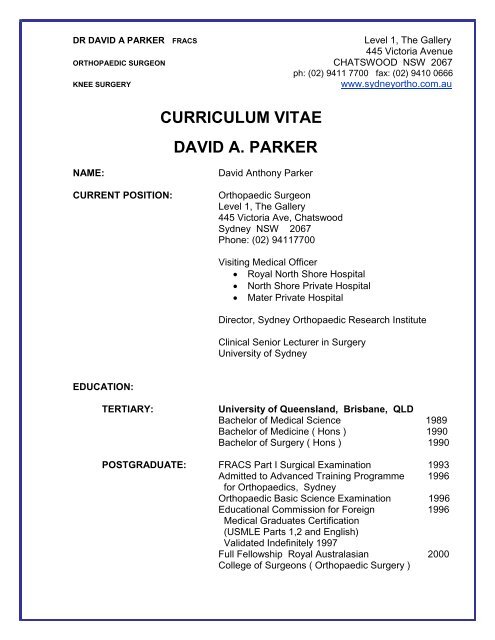 curriculum vitae david a. parker - Sydney Orthopaedic Arthritis ...