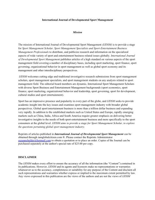 International Journal of Developmental Sport Management Mission ...