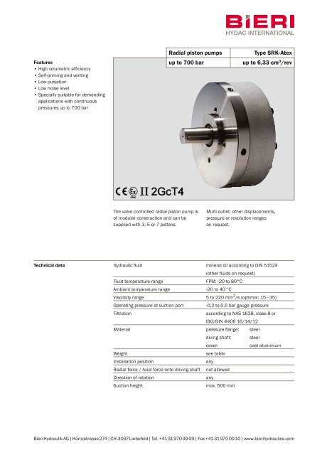 Radial piston pumps SRK-Atex - BIERI SWISS HYDRAULICS
