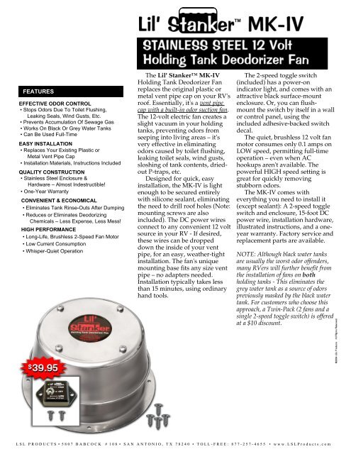 The Lil' Stanker™ MK-IV Holding Tank Deodorizer Fan replaces the ...