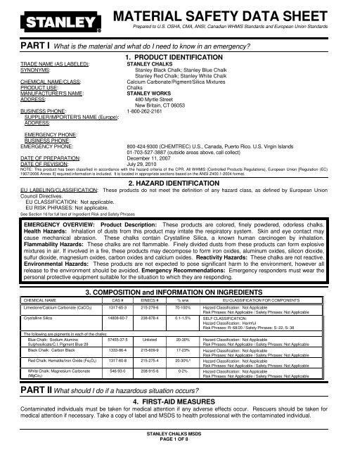 Stanley Chalks MSDS - Stanley Hand Tools