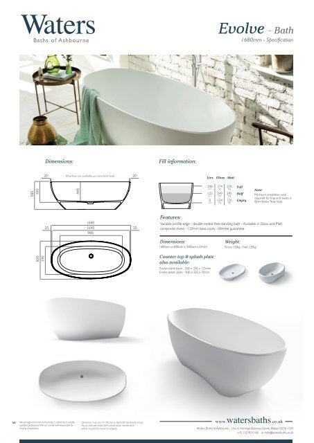 Evolve Freestanding Bath Specification Sheet from Waters Baths of Ashbourne