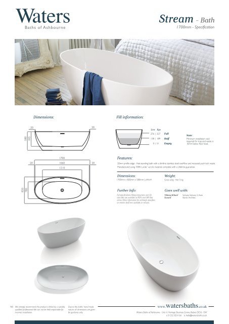 Stream Freestanding Bath Specification Sheet from Waters Baths of Ashbourne