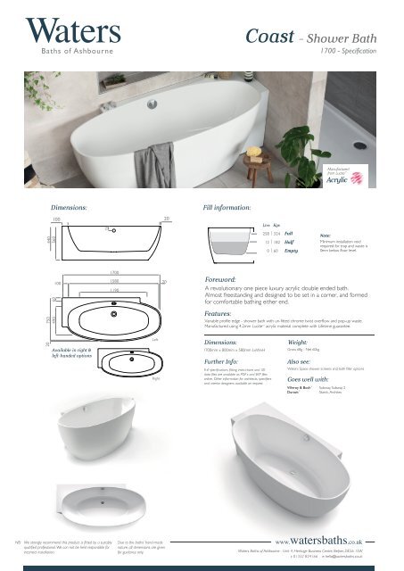 Coast Corner-Set Bath Specification Sheet from Waters Baths of Ashbourne