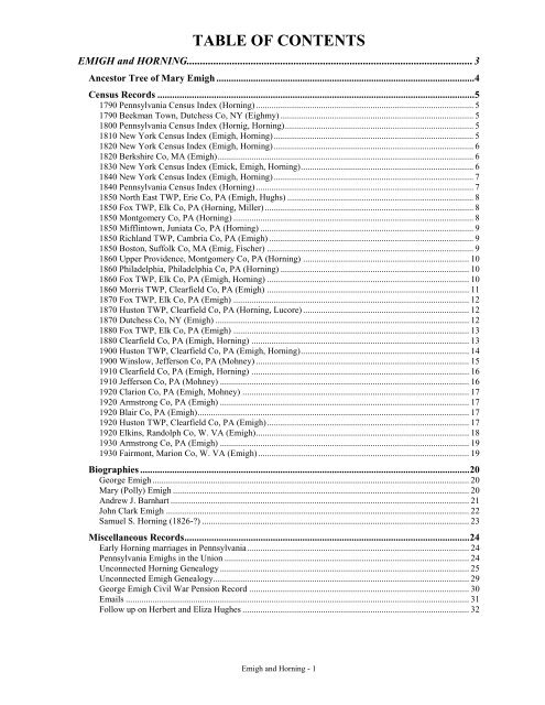 EMIGH and HORNING - Davis Genealogy Home Page