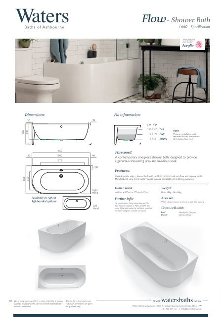 Flow Shower Hybrid Bath Specification Sheet from Waters Baths of Ashbourne
