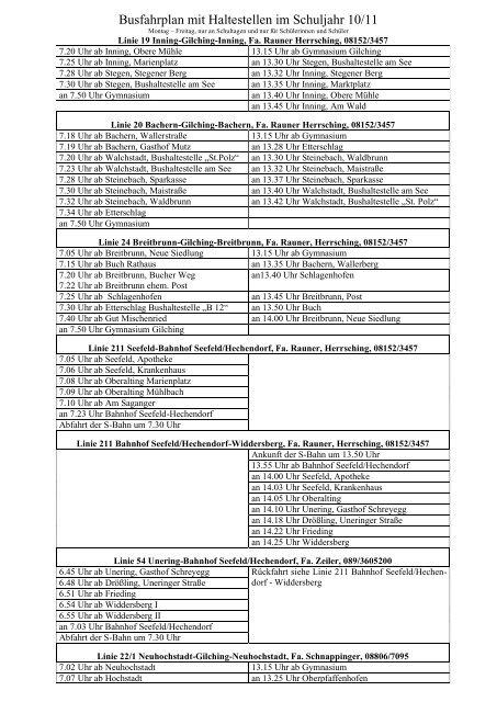Busfahrplan mit Haltestellen im Schuljahr 06/07
