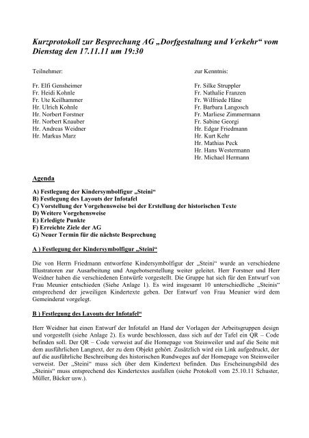 Kurzprotokoll zur Besprechung AG „Dorfgestaltung und Verkehr“