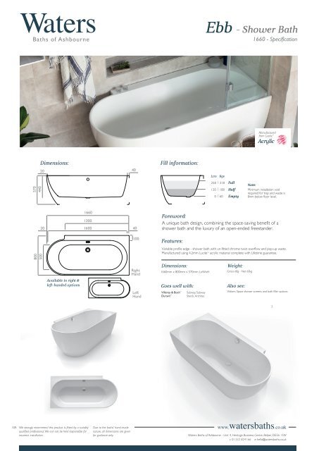 Ebb 1660 Waters Baths of Ashbourne Flow Shower Hybrid Bath spec sheet ...