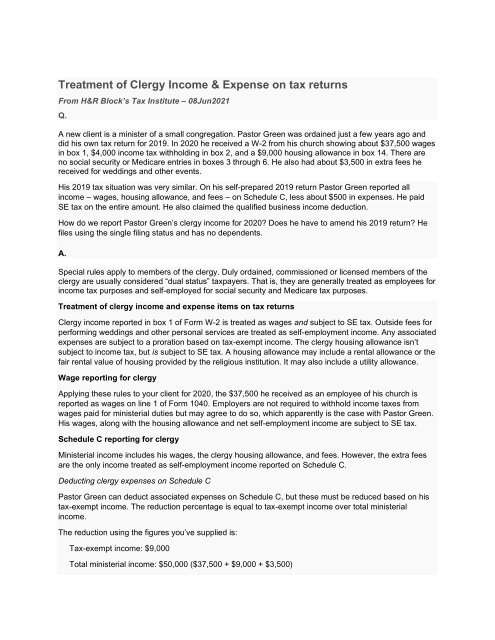 Treatment of Clergy Income