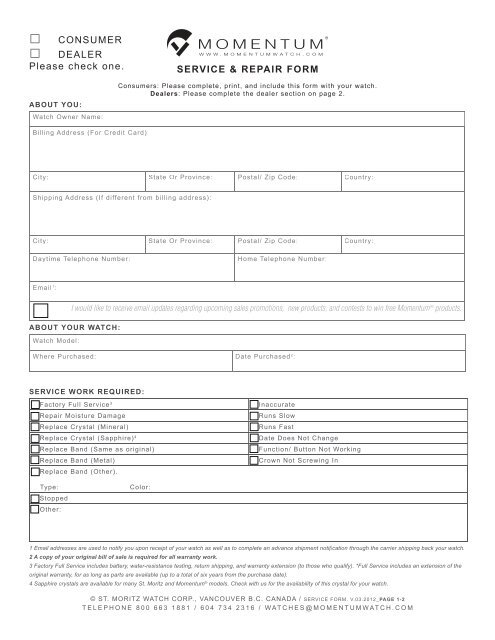 Service & Repair Form - St. Moritz Watch