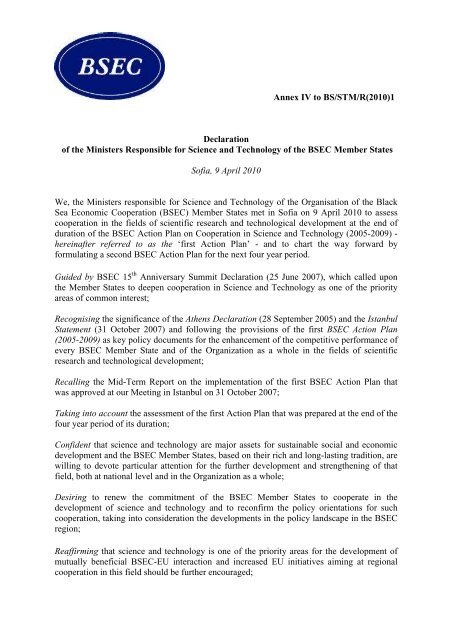 Annex IV to BS/STM/R(2010)1 Declaration of the Ministers ... - BSEC