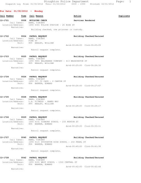 Daily Log 01/30/12 - Stoughton Police Department