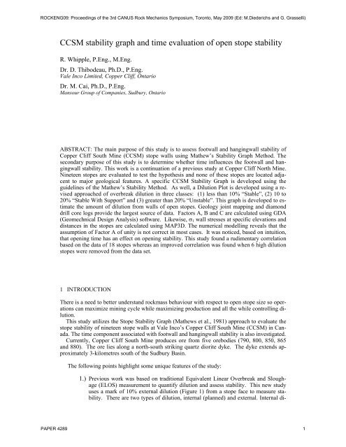 CCSM stability graph and time evaluation of open stope stability