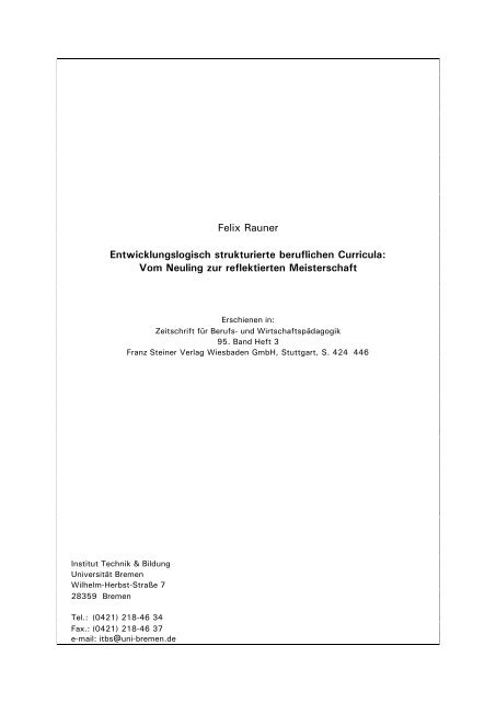 Felix Rauner Entwicklungslogisch strukturierte beruflichen Curricula ...