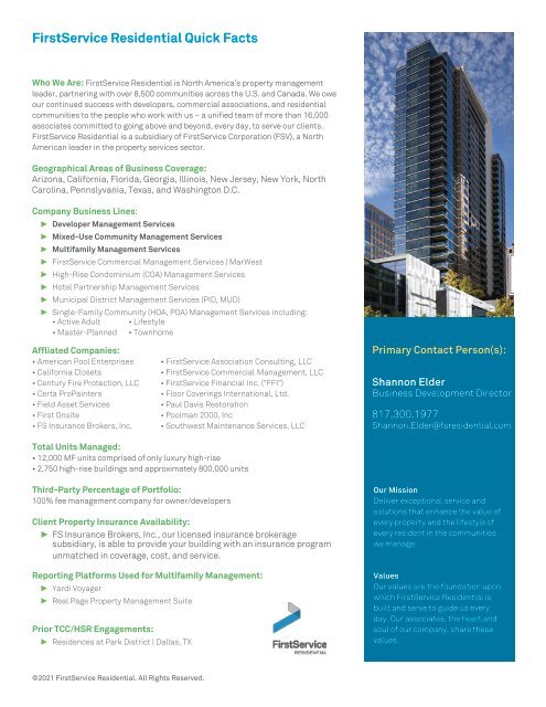 FirstService Residential Quick Facts Sheet
