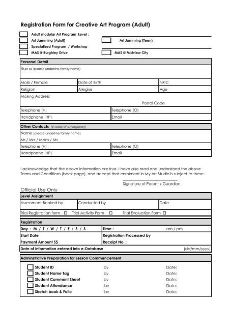 Registration Form for Creative Art Program (Adult) - My Art Studio