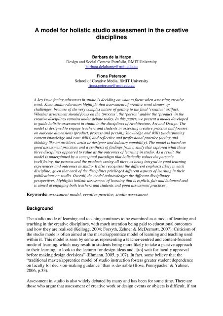 A model for holistic studio assessment in the creative disciplines