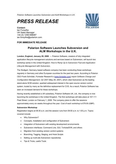 PRESS RELEASE - Polarion Software