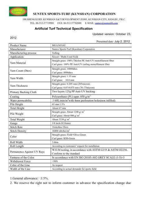 Artificial Turf Technical Specification