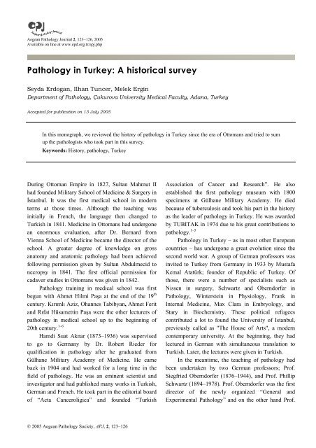 Pathology in Turkey: A historical survey - Türk Patoloji Dergisi