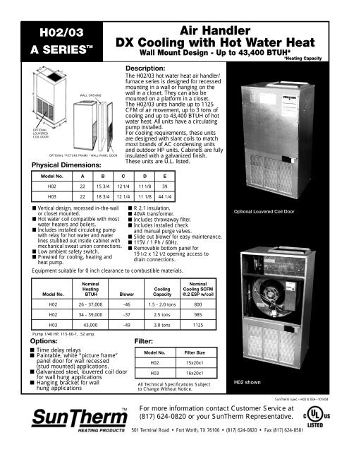 H02/03 A SERIESTM Air Handler DX Cooling with Hot ... - SunTherm