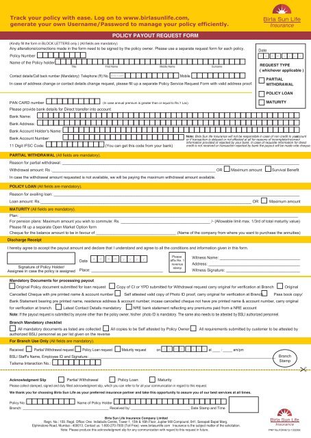 Payout of Policy Form - Life Insurance - Birla Sun Life