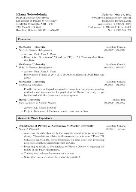 Curriculum Vitae - McMaster Physics and Astronomy - McMaster ...